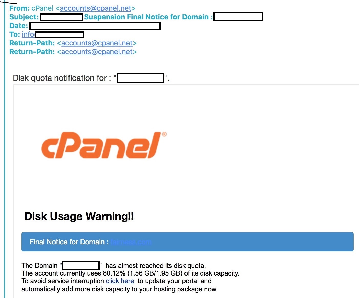 Phishing posing as cPanel account suspension alert | Wordpress Web ...